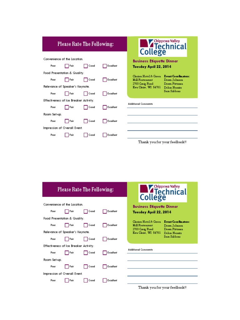 Business Etiquette Dinner Feedback Form | PDF