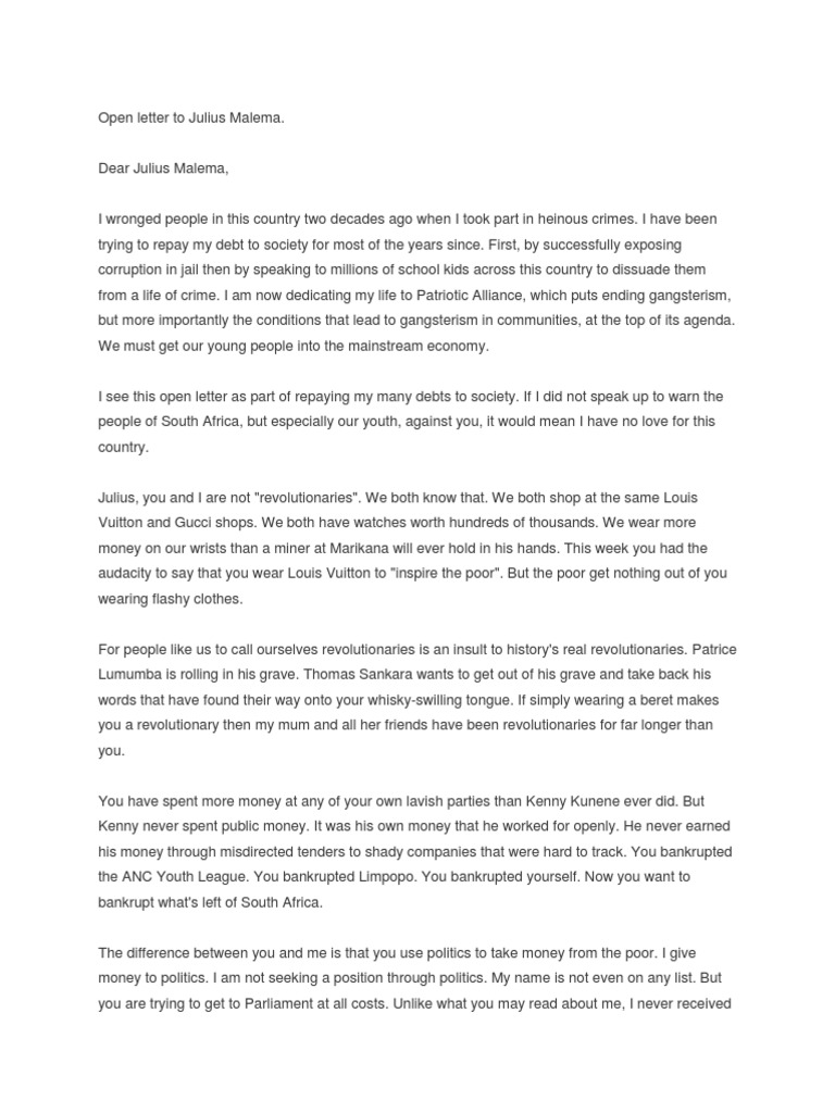Open Letter To Julius Malema | PDF | South Africa