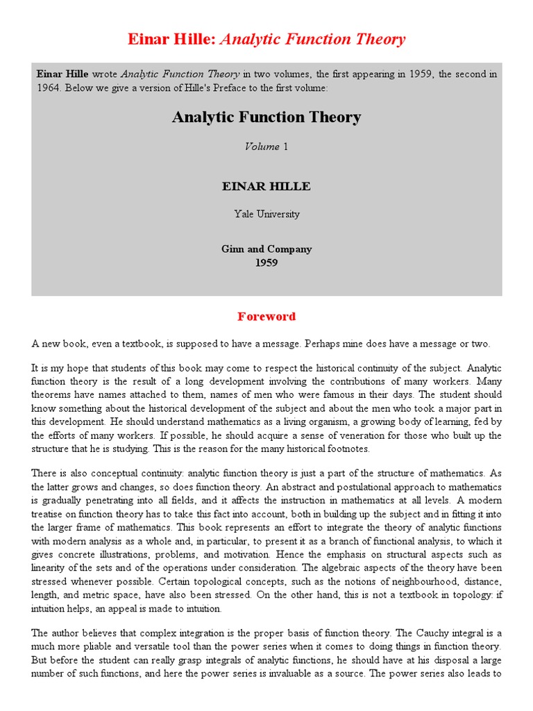 Einar Hille - Analytic Function Theory | PDF | Complex Analysis | Power Series