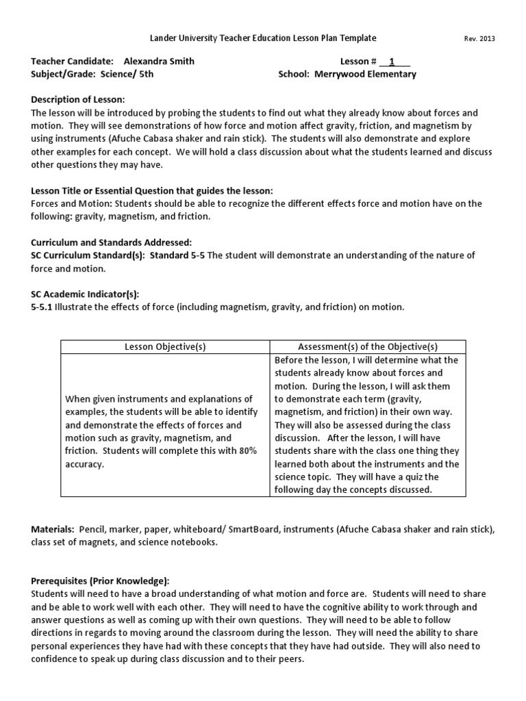 Forces and Motion Lesson Plan for 5th Grade | PDF | Lesson Plan | Force