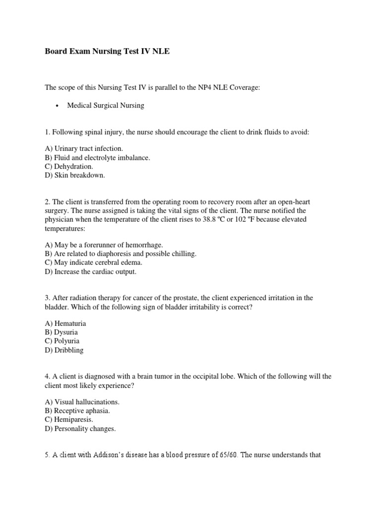 Board Exam Nursing Test IV NLE | PDF | Medical Specialties | Diseases ...