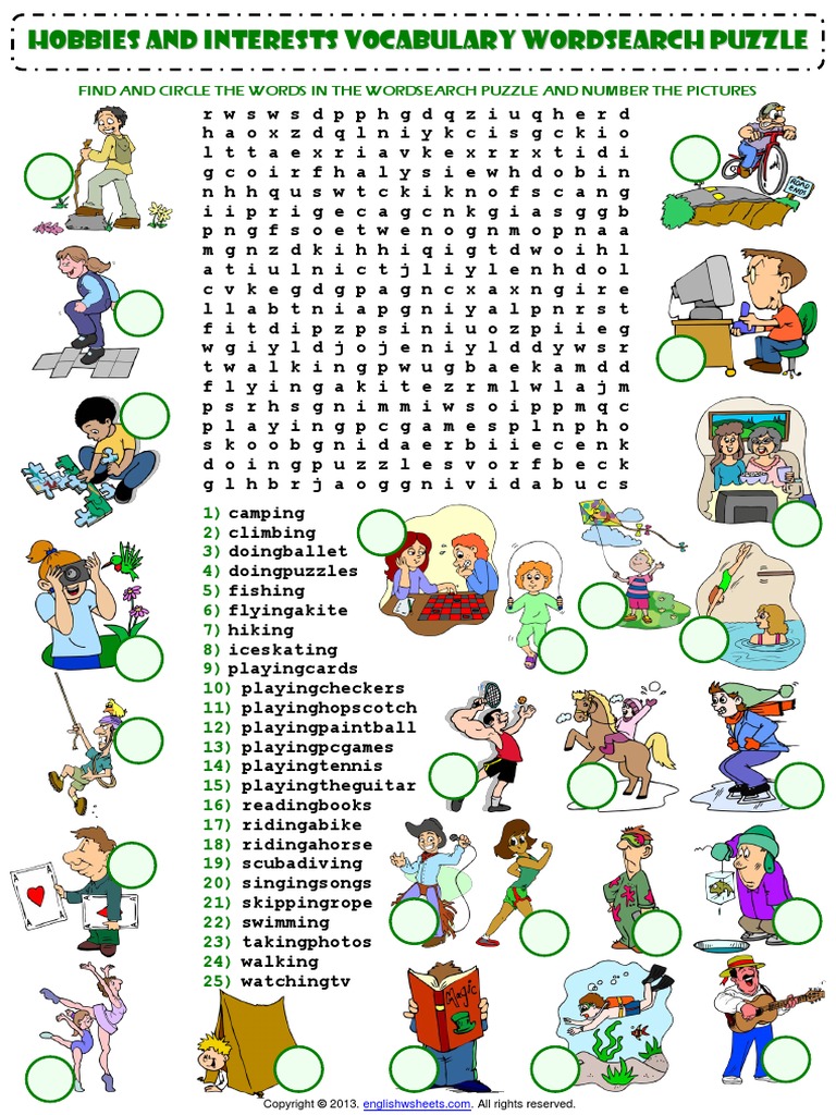 Hobbies and Interests Vocabulary Wordsearch Puzzle Worksheet | PDF