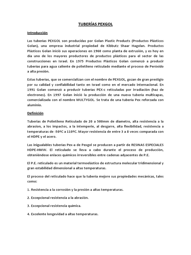 Tuberías Pexgol | PDF | Tubería (transporte de fluidos) | El plastico