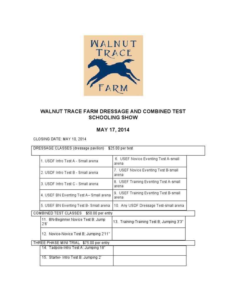 Walnut Trace Farm Dressage and Combined Test Schooling Show May 17 ...