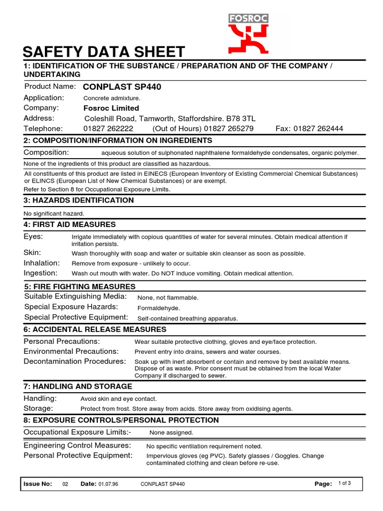 Conplast SP440 | PDF | Chemistry | Safety