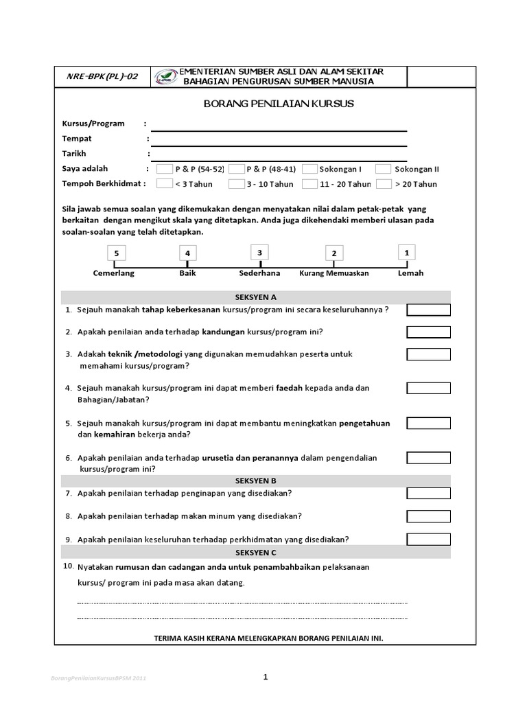 Borang Penilaian Kursus BPSM - 2011 | PDF