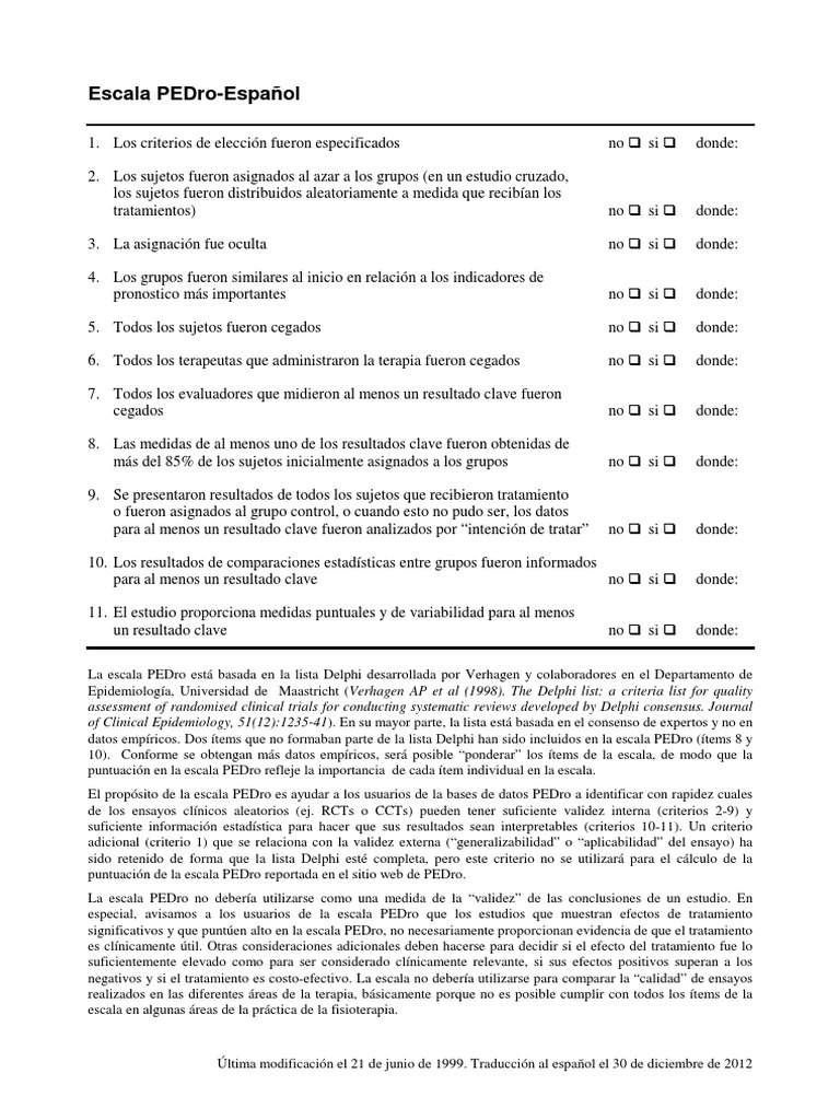 PEDro Scale Spanish | Aleatoriedad | Tamaño del efecto | Prueba ...