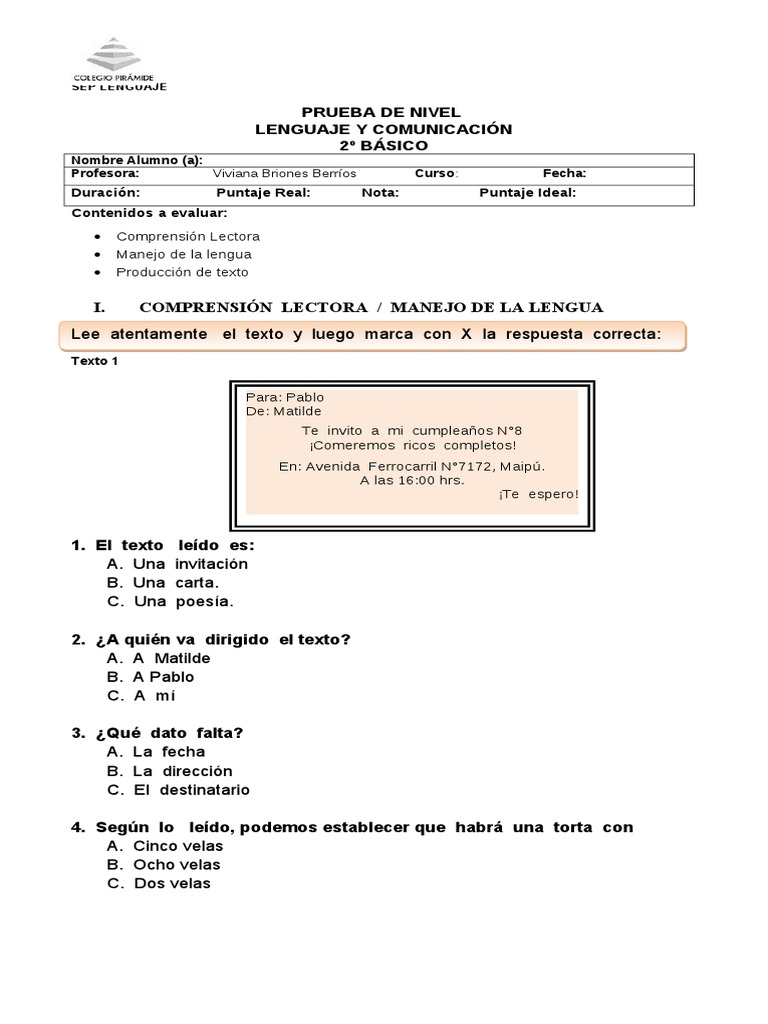 Evaluacion Diagnostica Segundo Basico Lenguaje 2014 | PDF | Comprensión ...