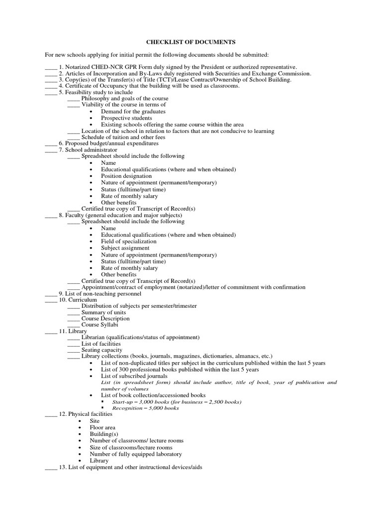 CHED Document Checklist for Schools | PDF | Notary Public | Libraries