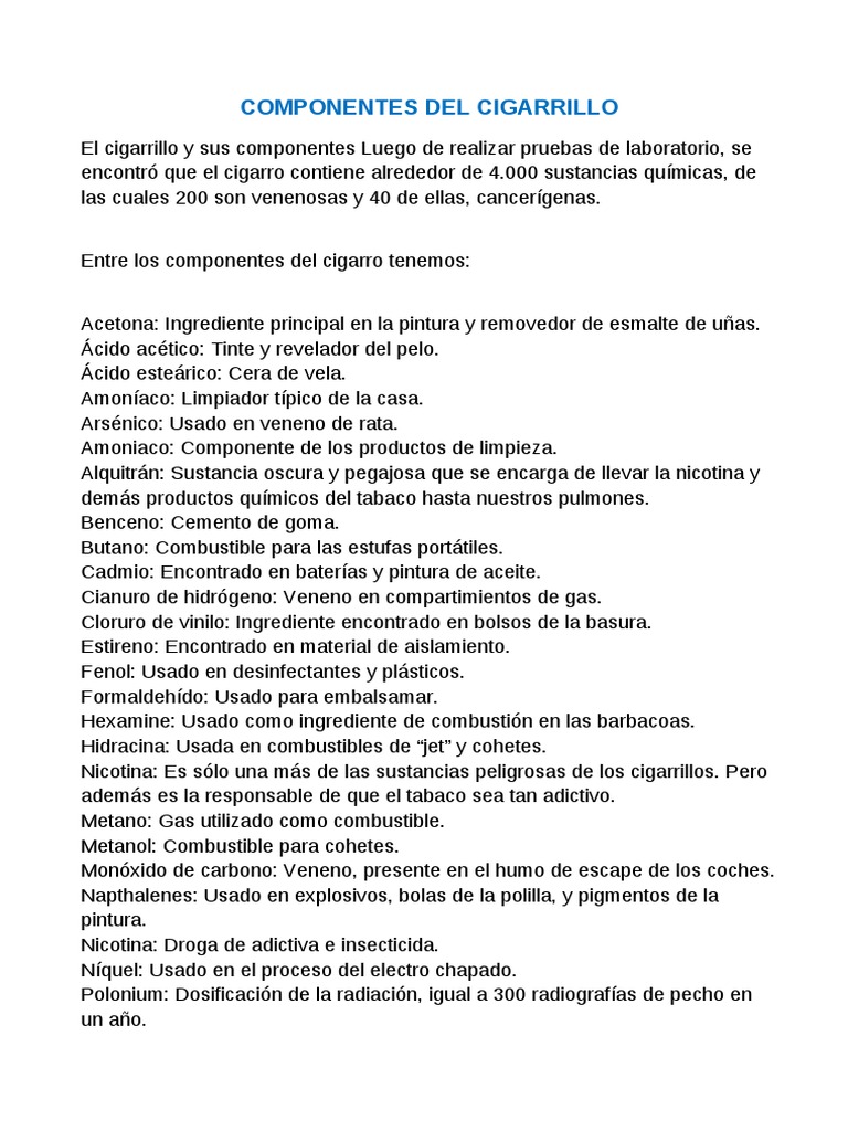 Componentes Del Cigarrillo | PDF | Fumar tabaco | Adicción