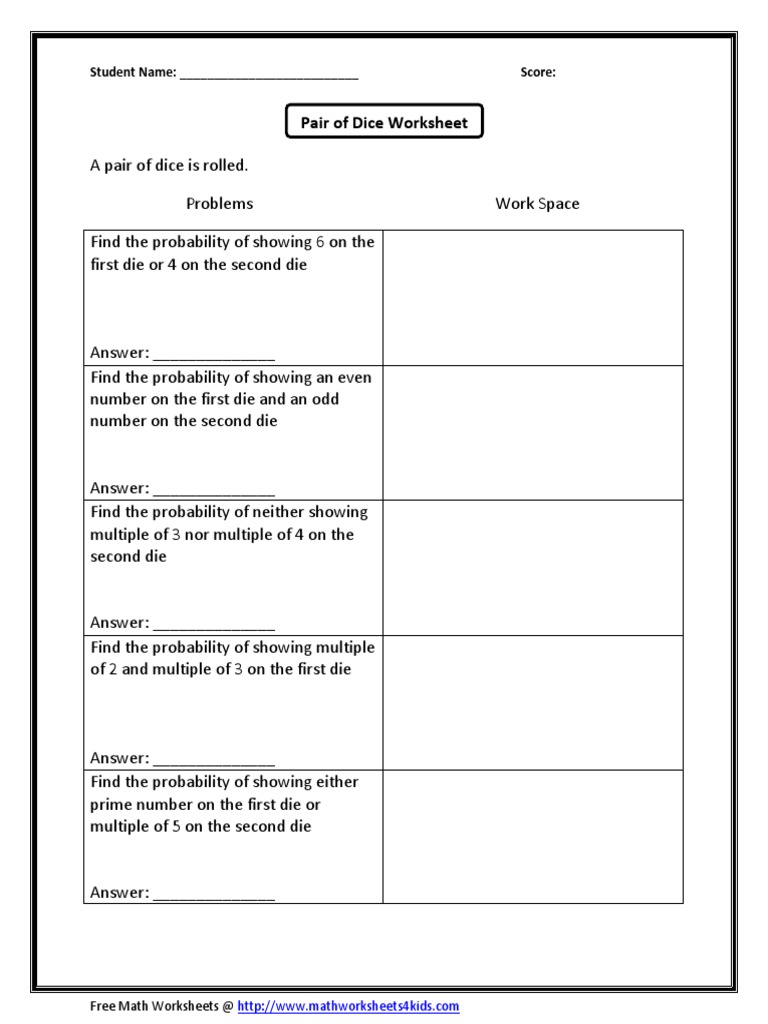 Rolling Dice Probability Worksheets
