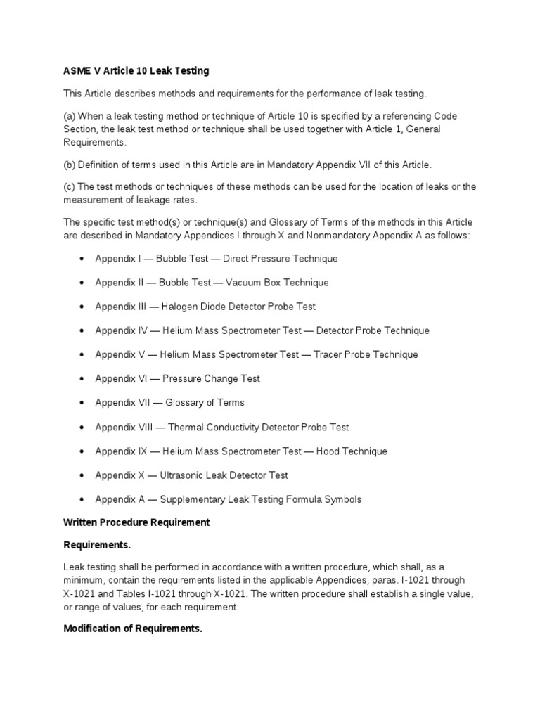 ASME V Article 10 Leak Testing | PDF | Engineering