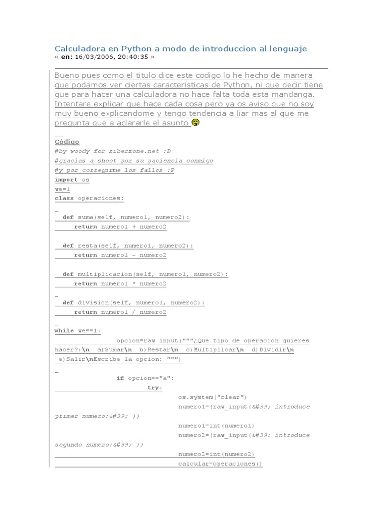 Calculadora en Python A Modo de Introduccion Al Lenguaje | PDF | Python ...