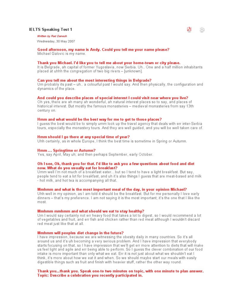 IELTS Speaking Test 1 | PDF
