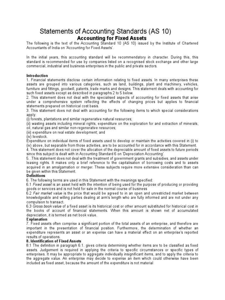 Statements of Accounting Standards (AS 10) : Accounting For Fixed ...
