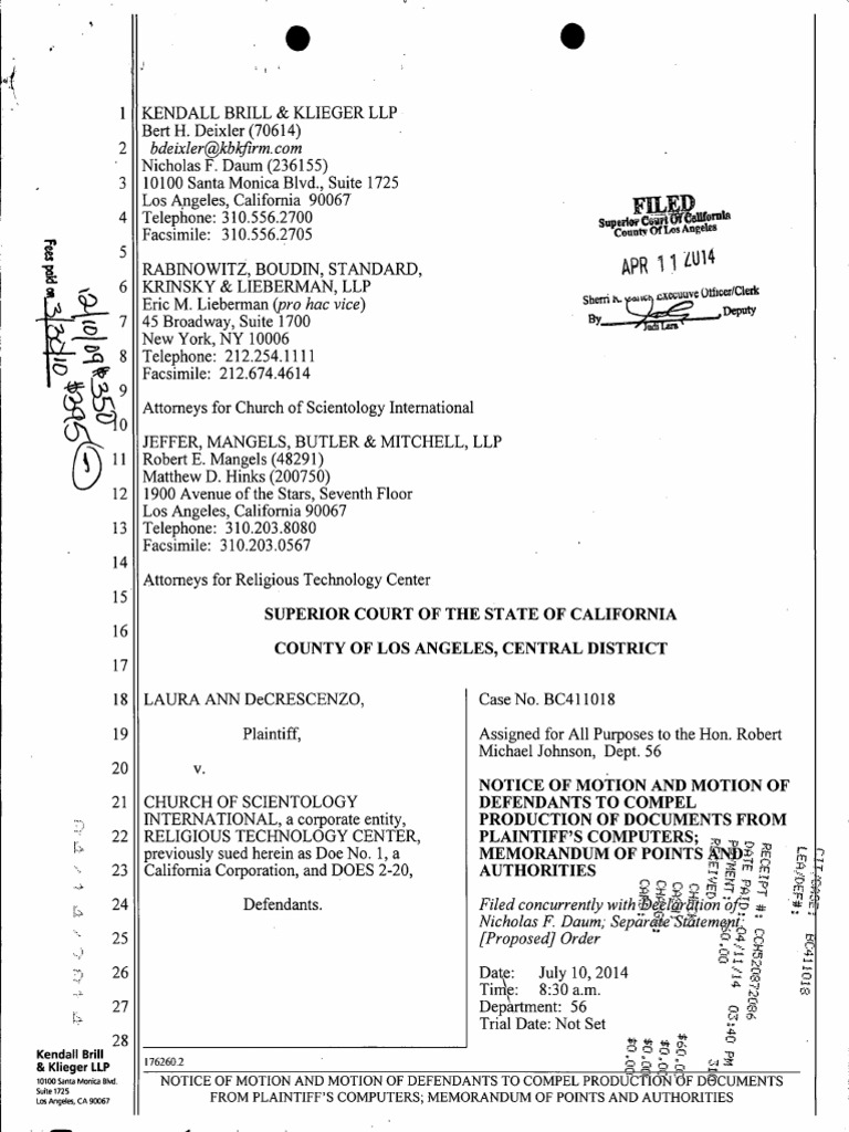 DeCrescenzo v. Scientology: Defendant's Motion To Compel Documents From Computer | PDF ...