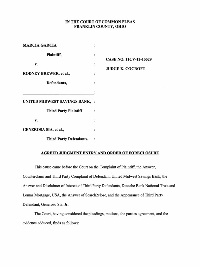 Agreed Judgment Order and Order of Foreclosure | Foreclosure | Complaint