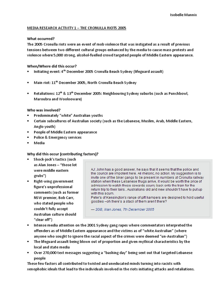 2005 Cronulla Riots - Media Research Activity 1 | PDF | Crime ...