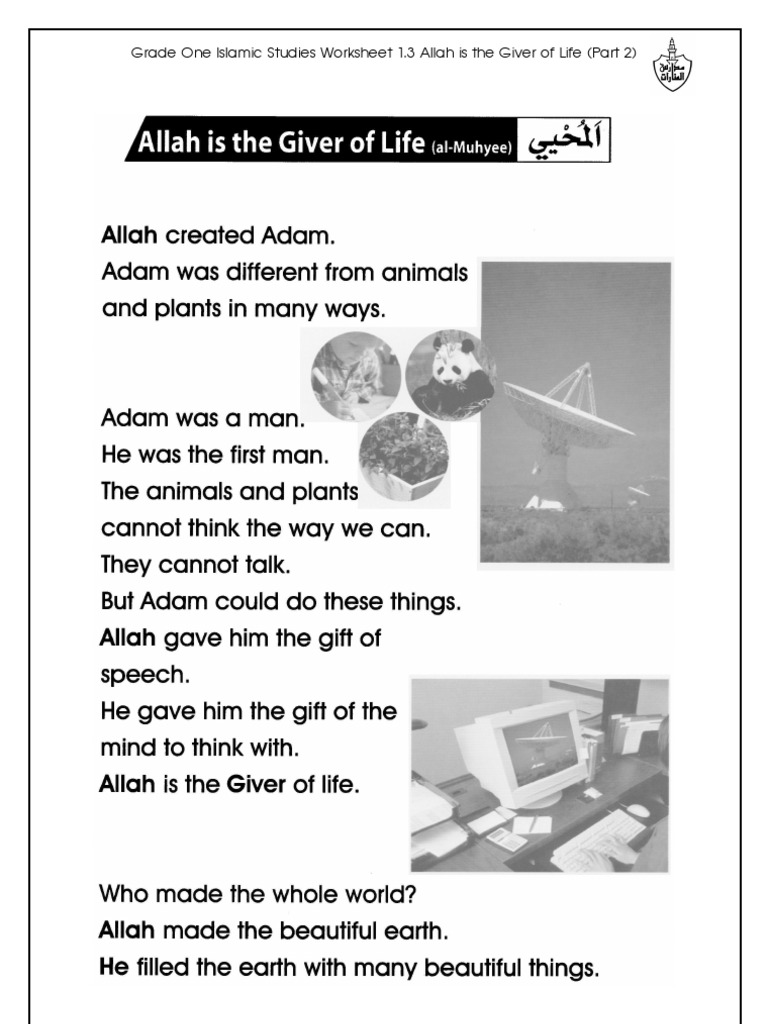 Grade 1 Islamic Studies - Worksheet 1.3 - Allah is the Giver of Life ...