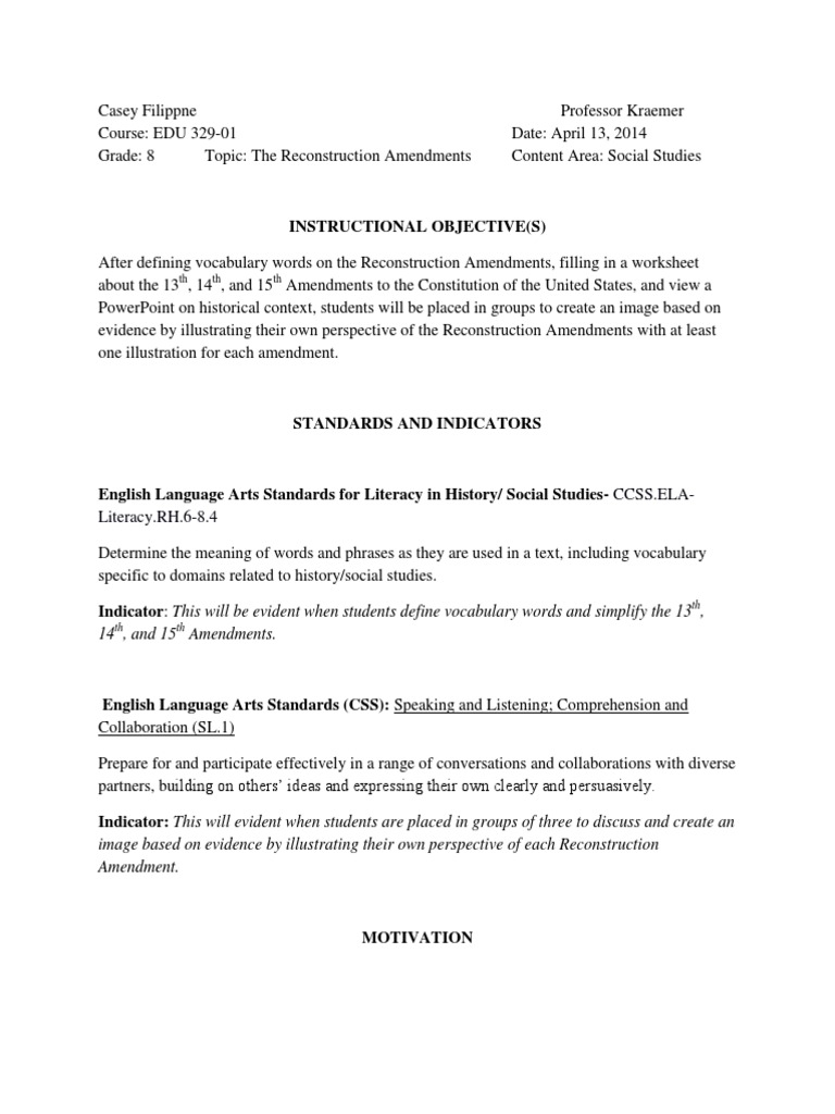 Reconstruction Amendment Lesson Plan | PDF | Vocabulary | Homework