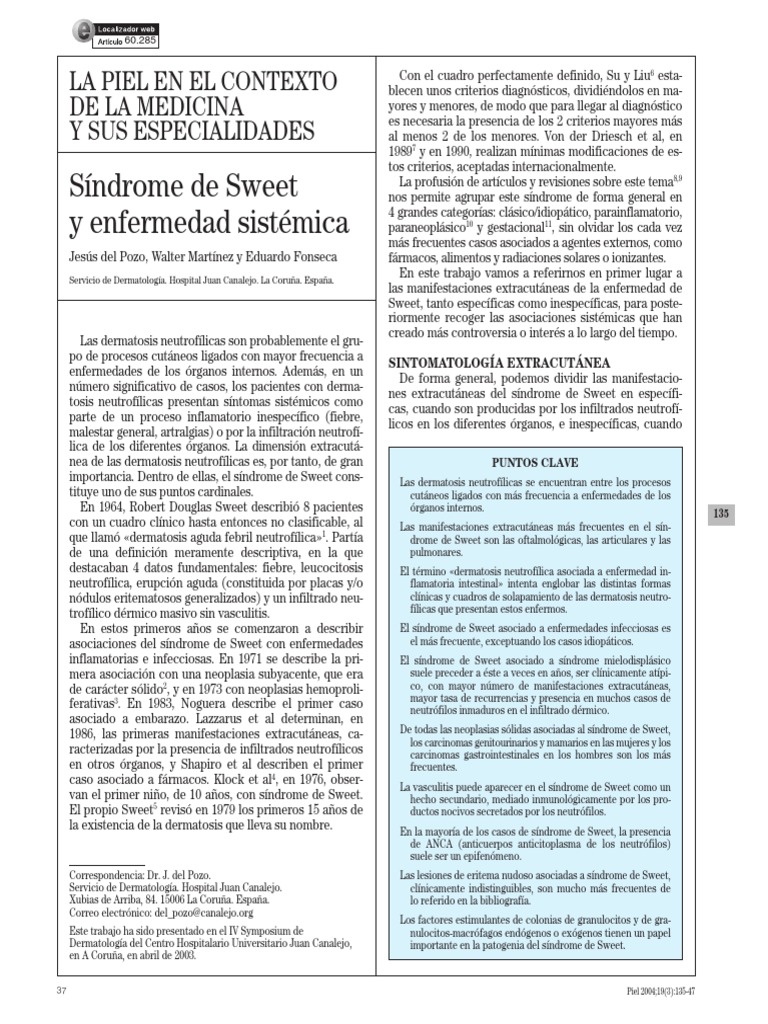 Sindrome Sweet y Clinica Medica Revista PIEL España 2004 | PDF | Lupus ...
