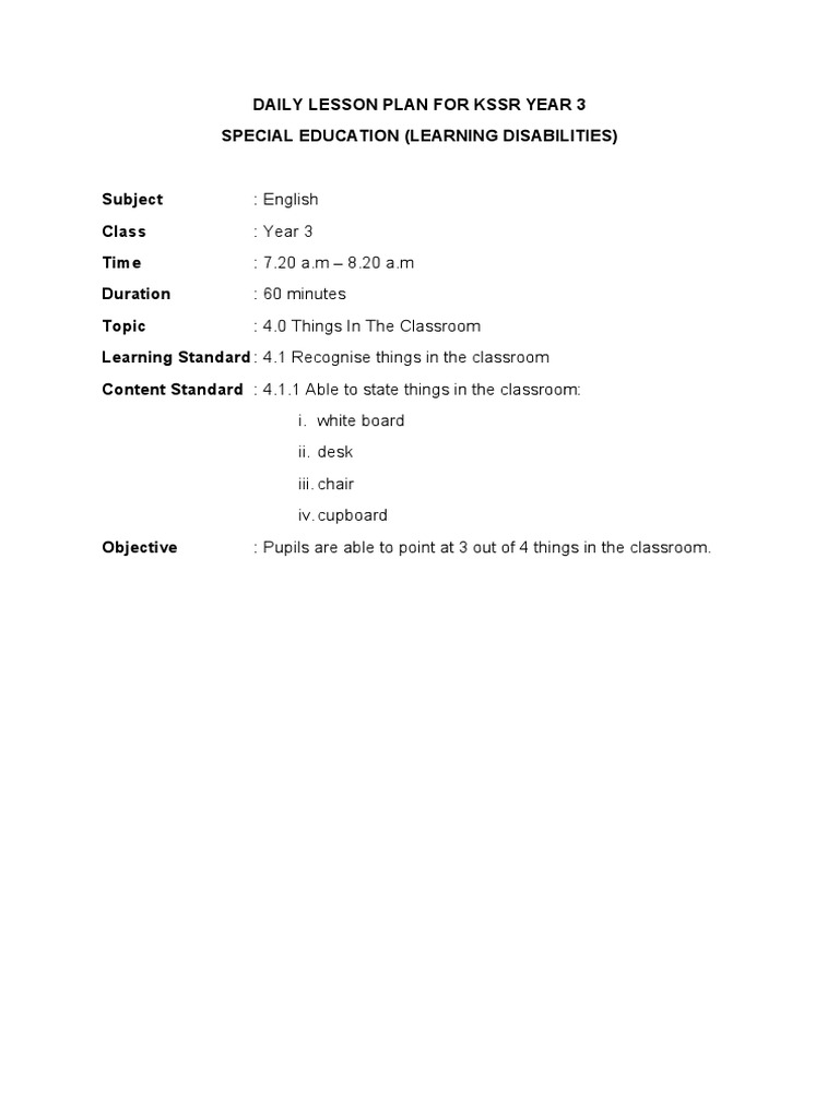 Daily Lesson Plan For KSSR Year 3 Special Education (Learning ...