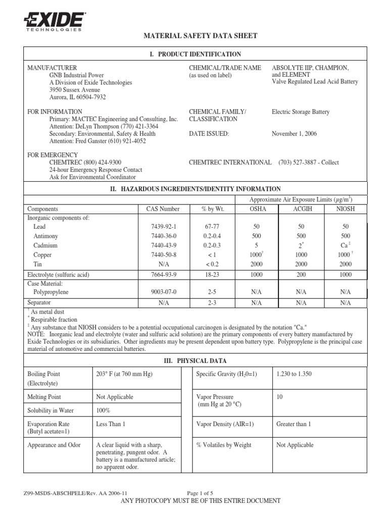Exide Absolyte IIP Champion Element MSDS PDF | PDF | Sulfur | Battery (Electricity)