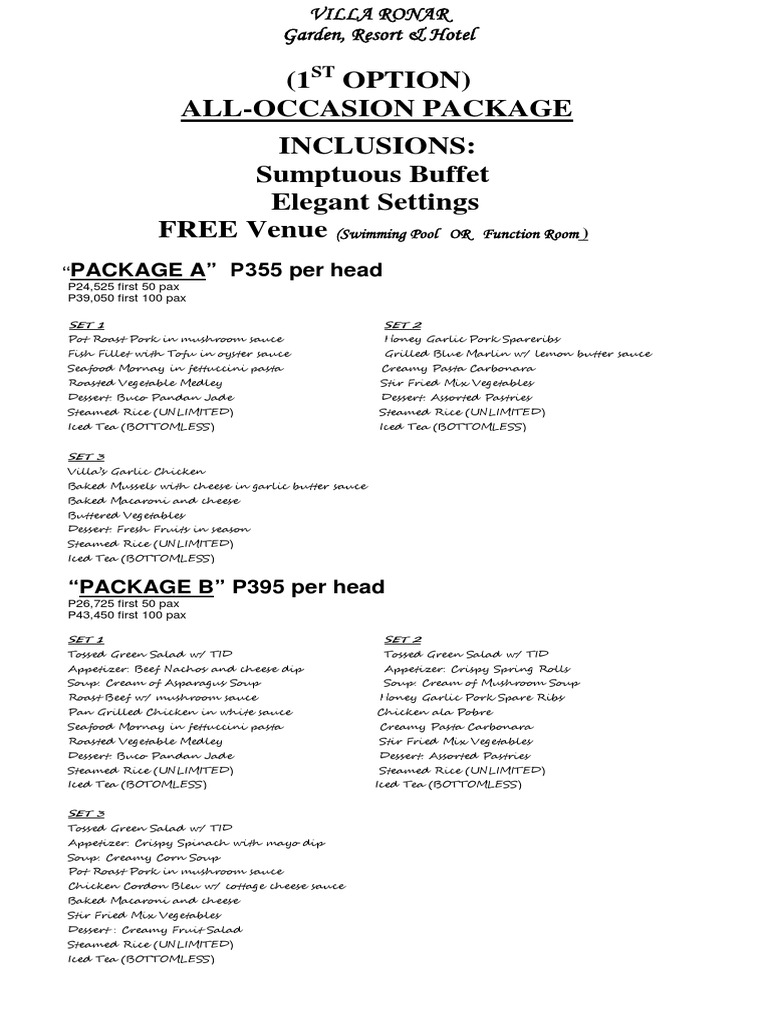 Villa Ronar 1st Option (All-Occasion Package) | PDF | Desserts | Sauce