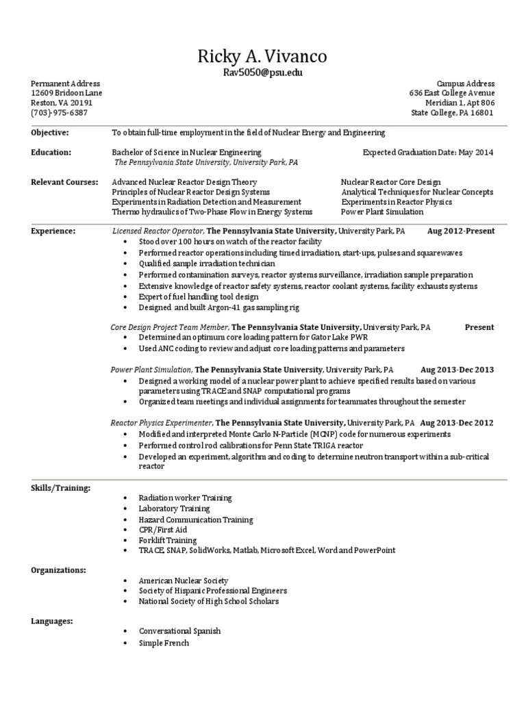 Resume - Ricky - Vivanco | PDF | Nuclear Reactor | Pennsylvania State ...