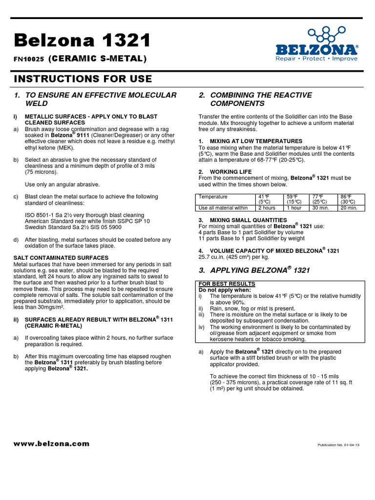Belzona 1321 (Ceramic S-Metal) - Instructions for Use | Industrial Processes | Chemistry
