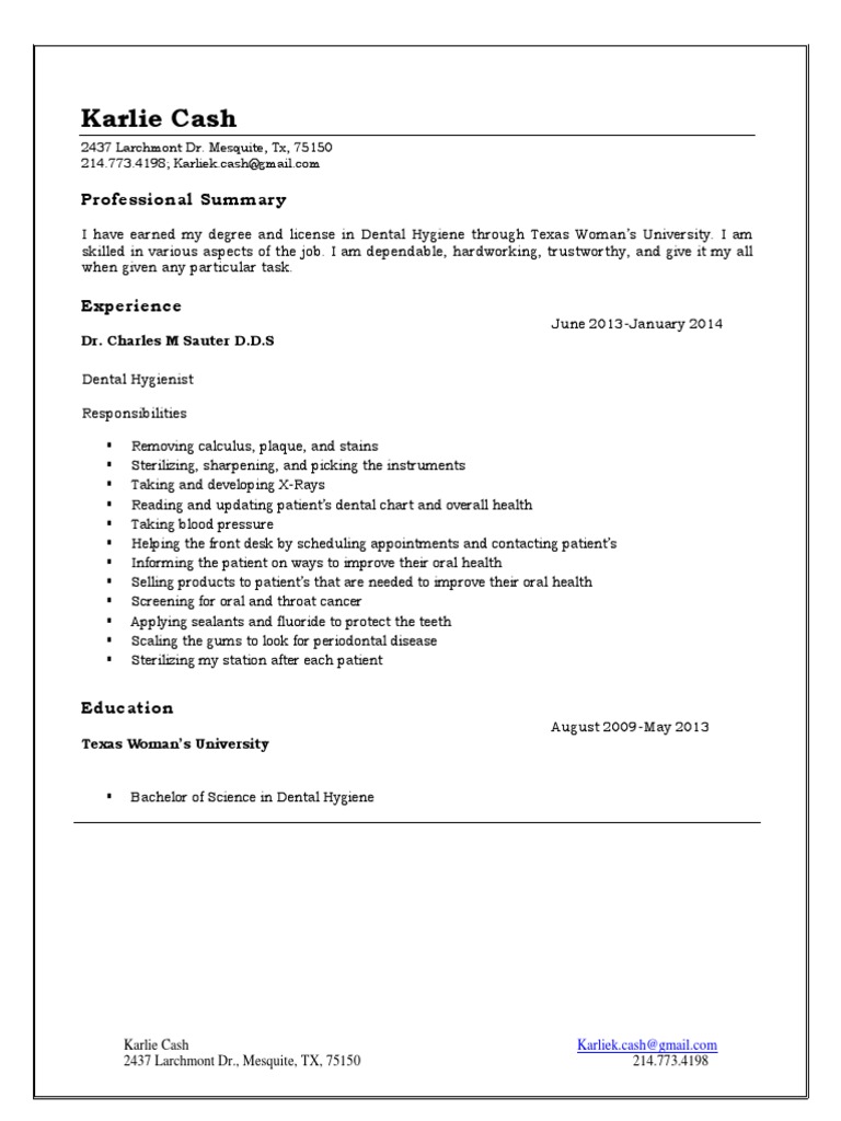 Dental Hygienist Resume of Karlie Cash | PDF | Self-Improvement | Wellness