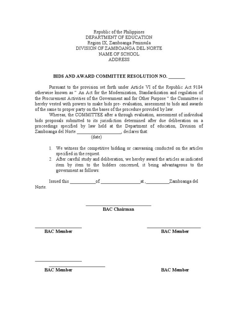 Bids and Award Committee Resolution No. | PDF