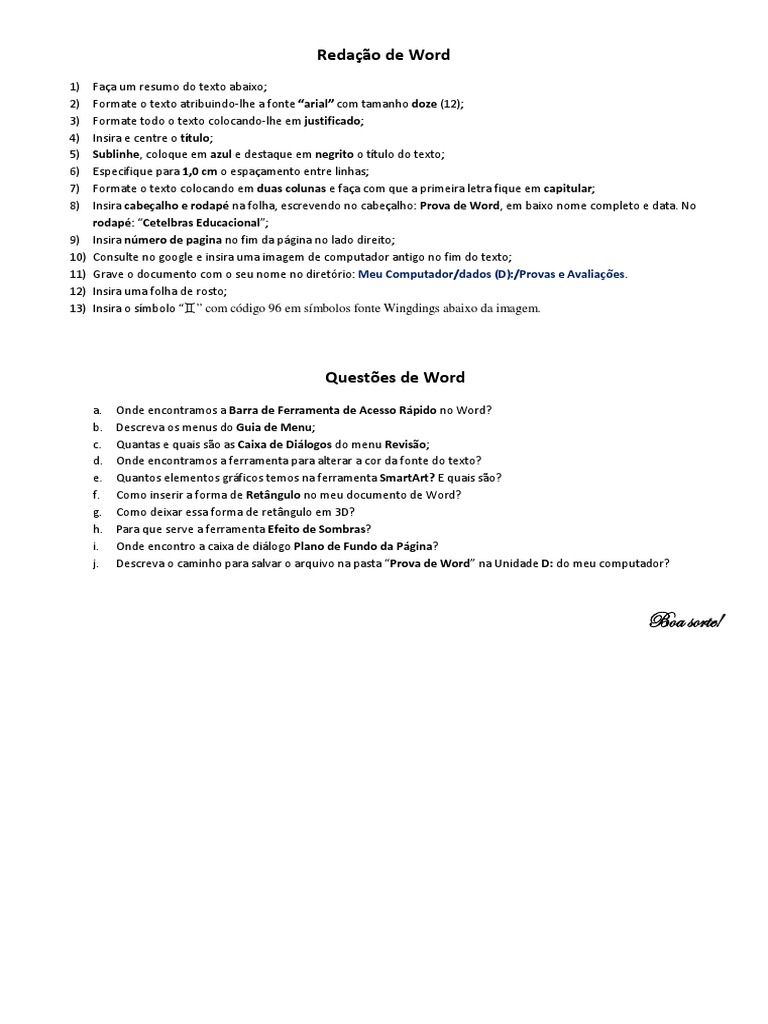 Prova Final de Word | PDF | Informática | Computação e Tecnologia da ...