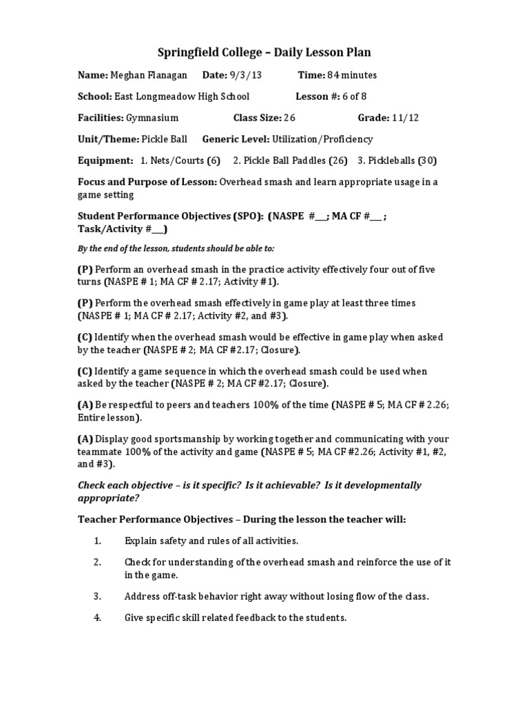 Pickleball Lesson Plan: Overhead Smash | PDF | Volleyball | Sports