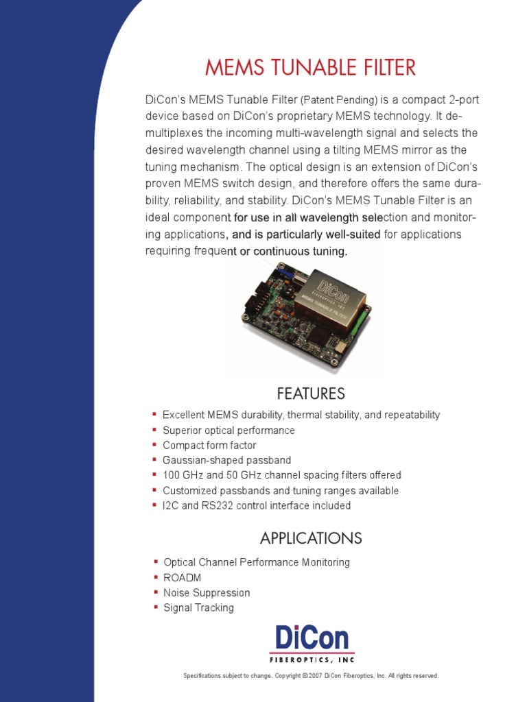 MEMS Tunable Filter MTF-B Specs Na | PDF | Optical Filter | Optical Fiber