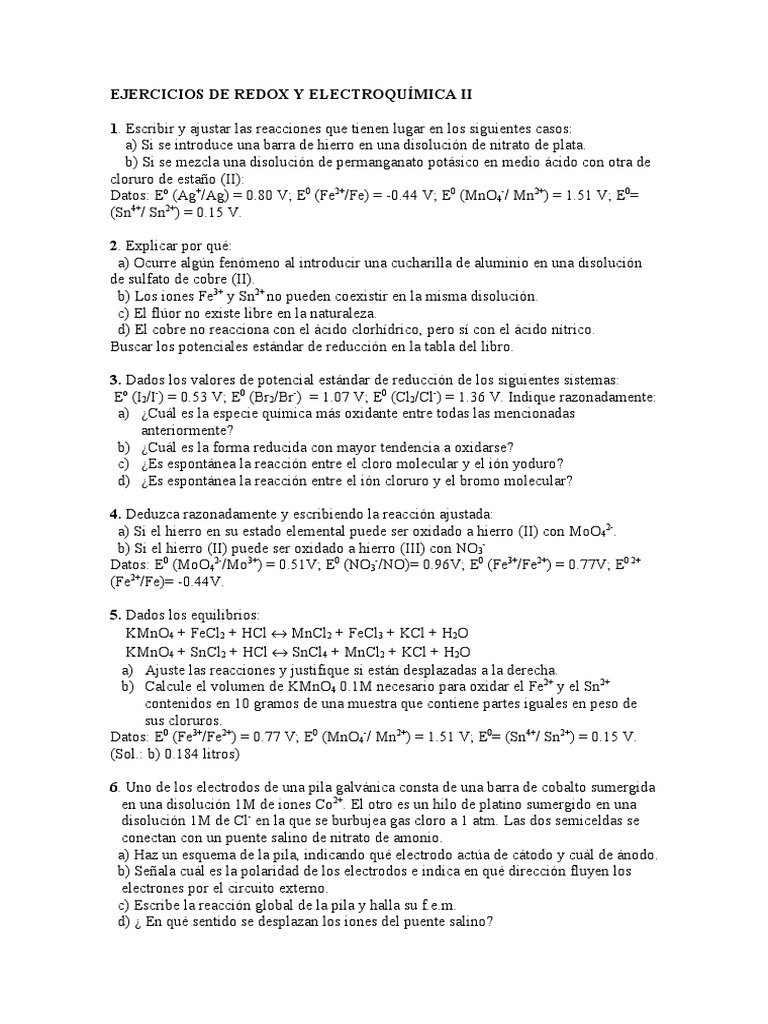 Problemas Propuestos Redox-Electroquimica | Descargar gratis PDF | Redox | Electrodo