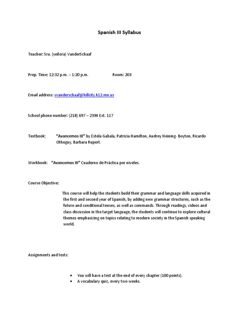 Spanish III Course Syllabus 2023 | PDF