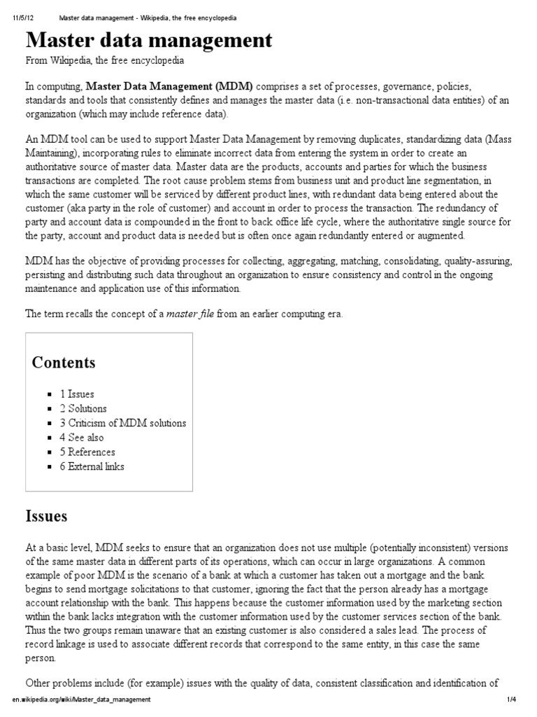 Master Data Management - Wikipedia, The Free Encyclopedia | PDF ...