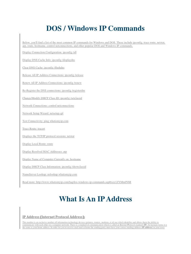 DOS / Windows IP Commands: IP Address (Internet Protocol Address) | PDF | Ip Address | Computer ...
