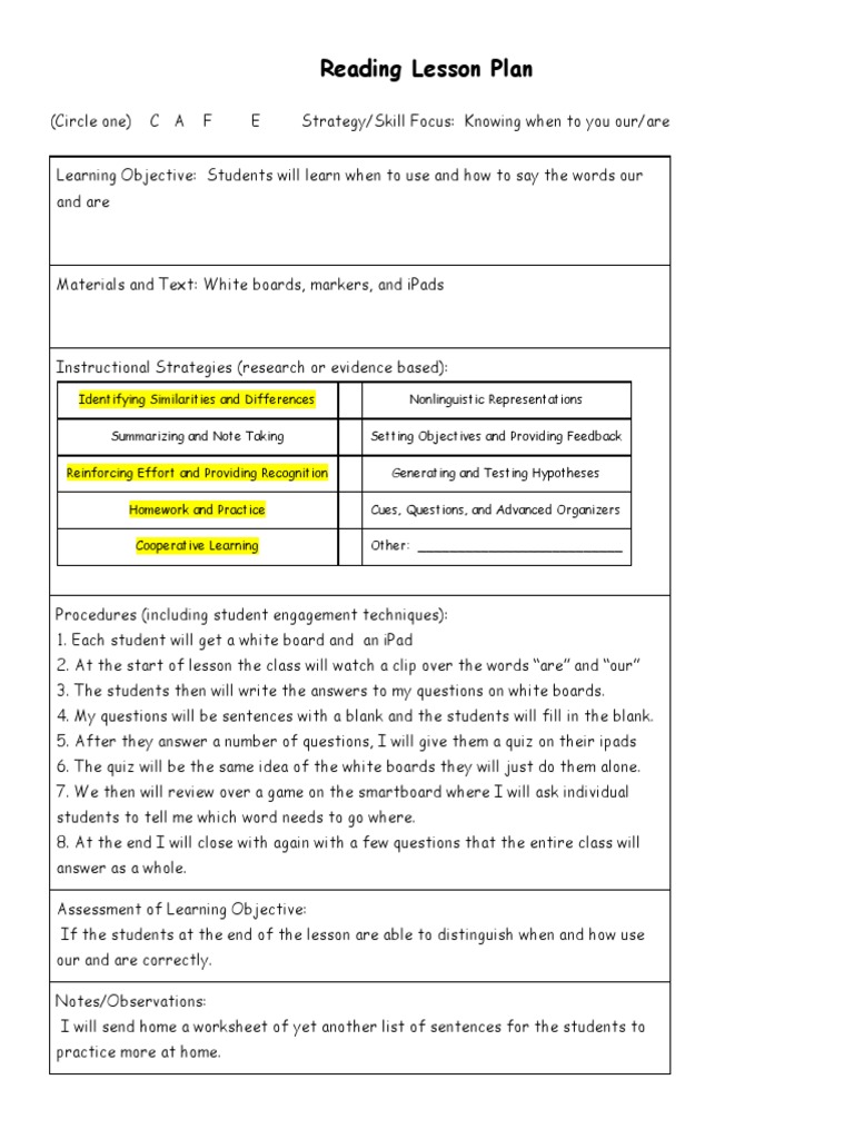Lesson Plan for "Our" vs. "Are" Usage | PDF | Language Arts & Discipline