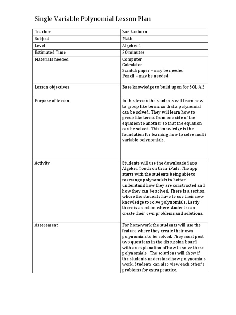 Single Variable Polynomial Lesson Plan | PDF | Teaching Methods & Materials