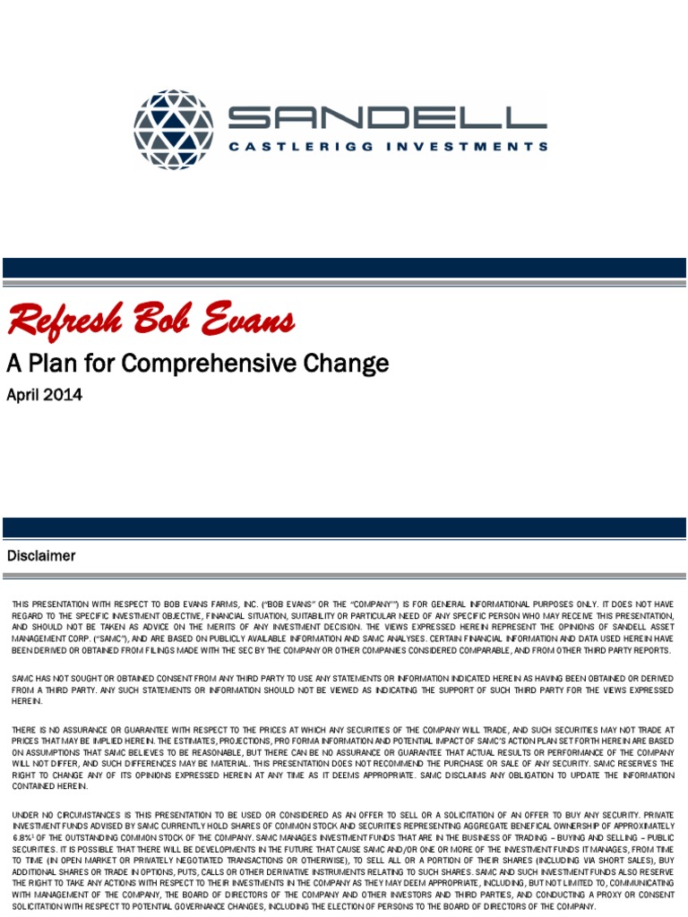 Sandell Asset Management Presentation On Bob Evans Farms | PDF | Stocks ...