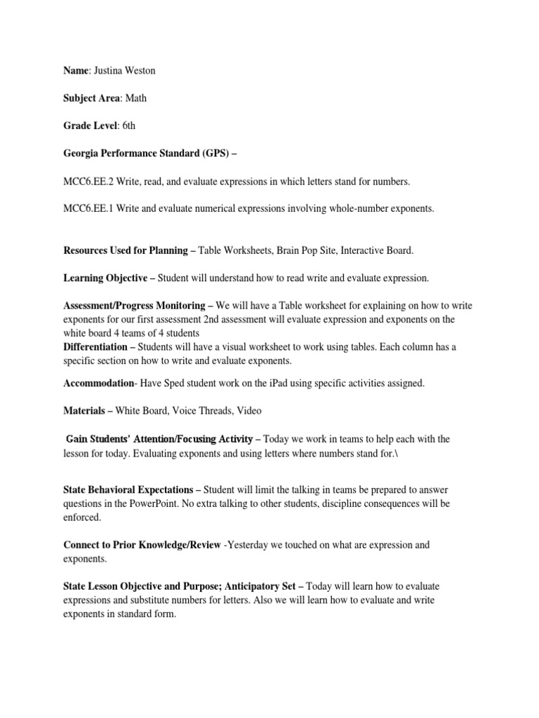 Lesson Plan-6th Grade Math | PDF | Lecture | Educational Assessment