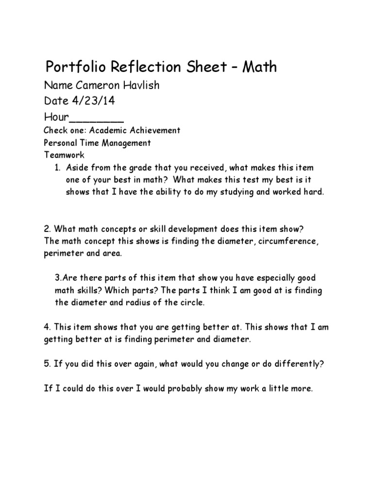 Math Portfolio Reflection Sheet | PDF