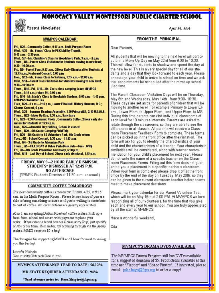 MVMPCS April 2014 Parent Newsletter | PDF | Classroom | Teachers