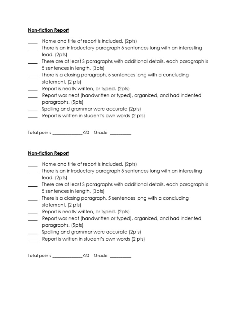 Non-Fiction Report: Total Points - /20 Grade | PDF