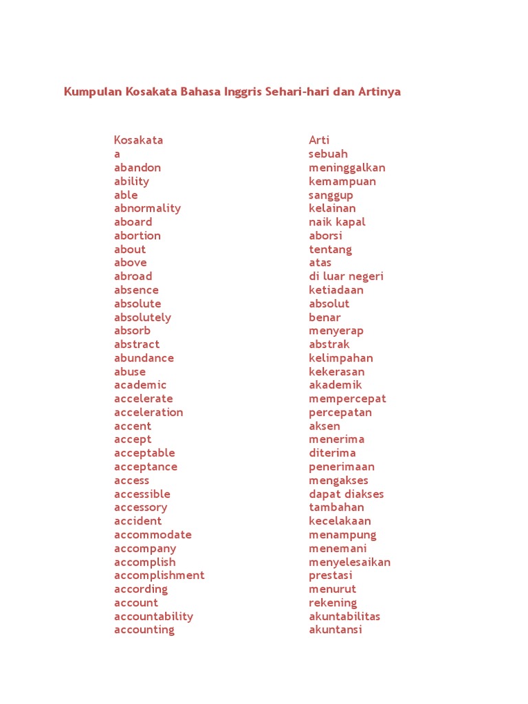 Kumpulan Kosakata Bahasa Inggris Sehari | PDF