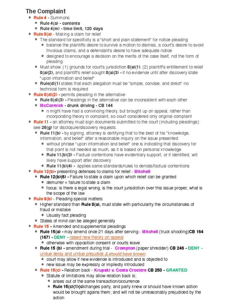 CivPro Rules Outline | PDF | Discovery (Law) | Pleading
