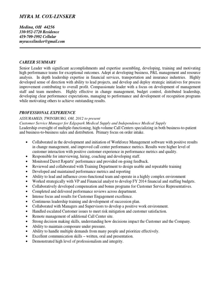 Call Center Manager Director in Cleveland Akron OH Resume Myra Cox-Linsker | PDF | Call Centre ...
