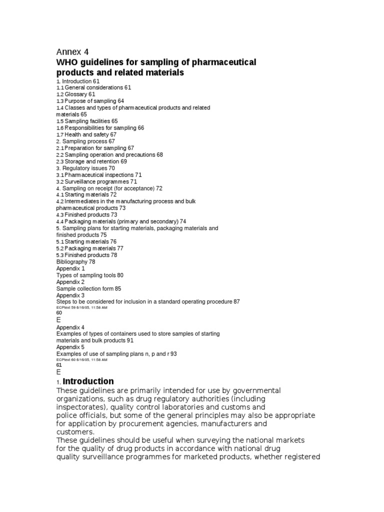 Annex 4 WHO Guidelines 4 Sampling of Pharmaceutical Products | Download ...